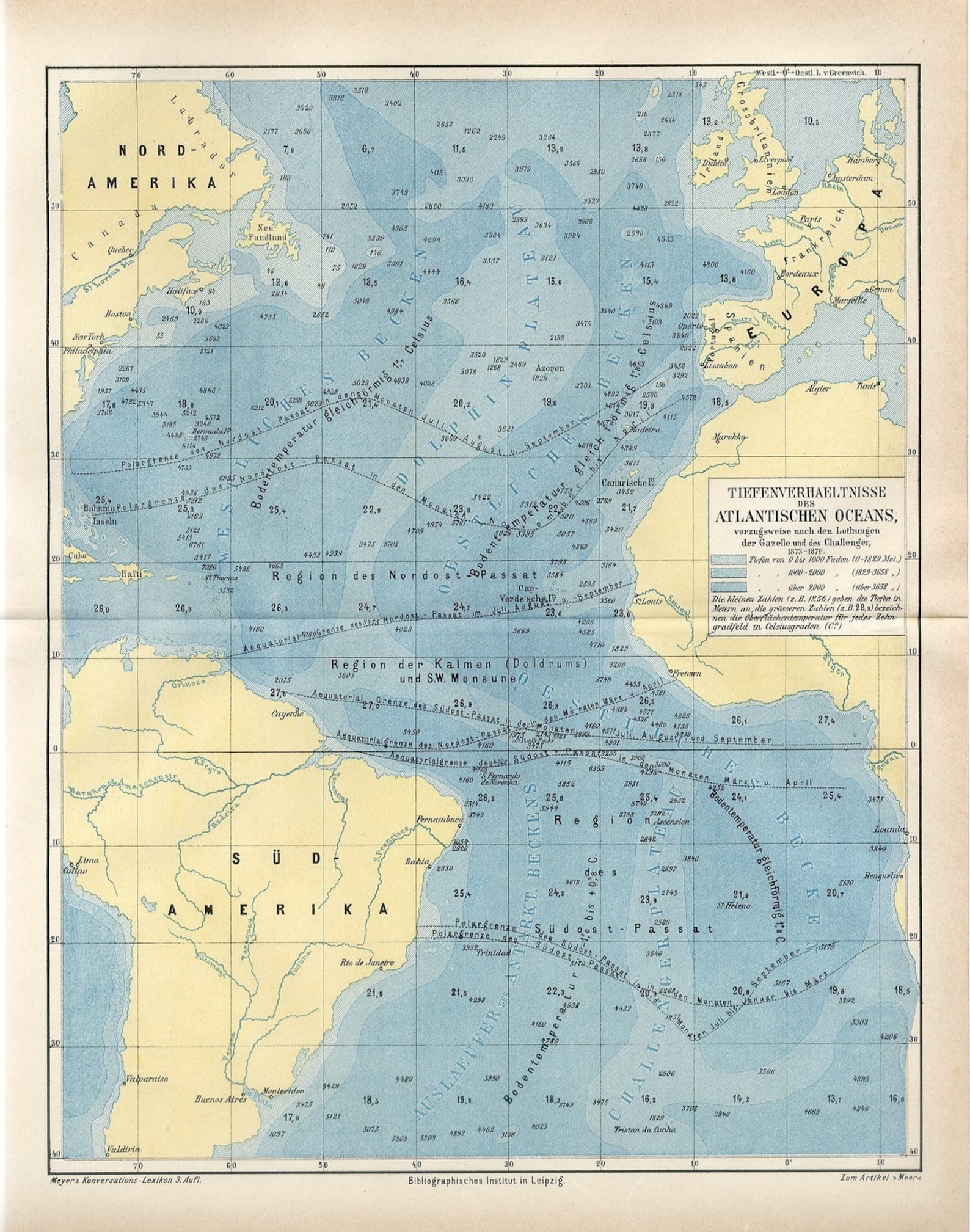 C. 1889 ATLANTIC OCEAN Map Original Antique Print Ocean - Etsy