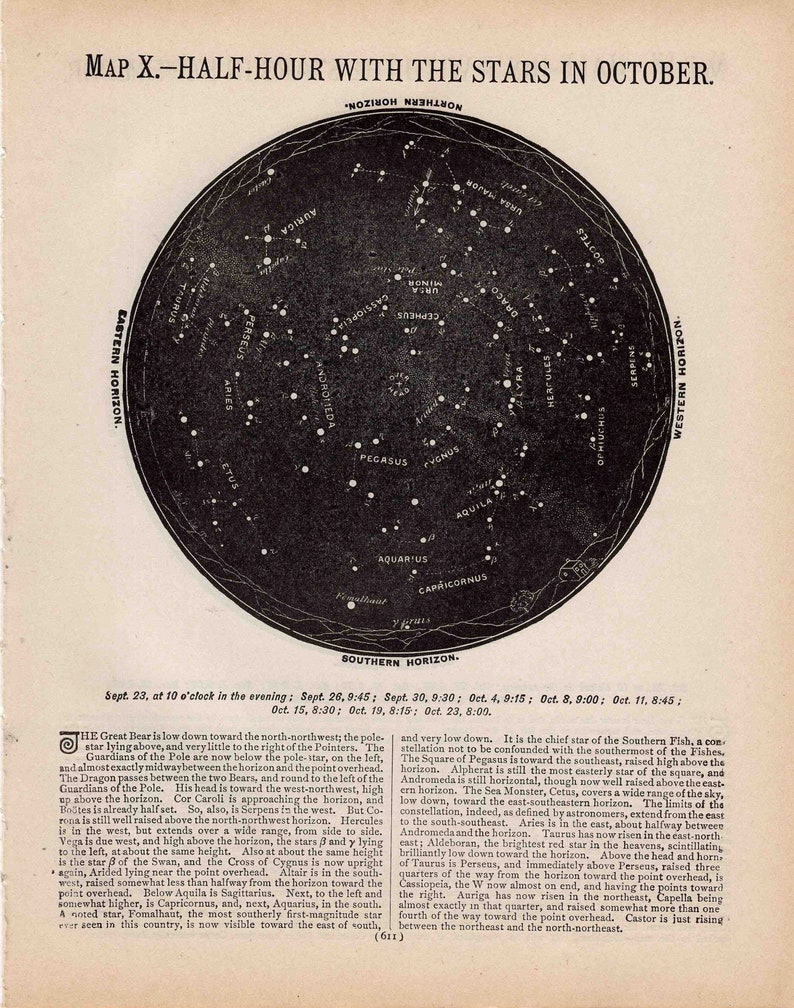 C. 1910 OCTOBER NOVEMBER • Constellations Star Map • Original Antique ...