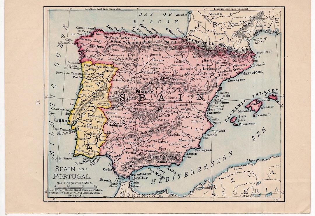 C. 1930 SPAIN or GREAT BRITAIN Map - Original Vintage Map - Color ...