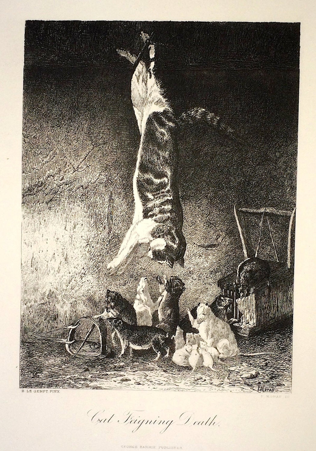 CAT FEIGNING DEATH Print C. 1866 • Original Antique Lithograph ...