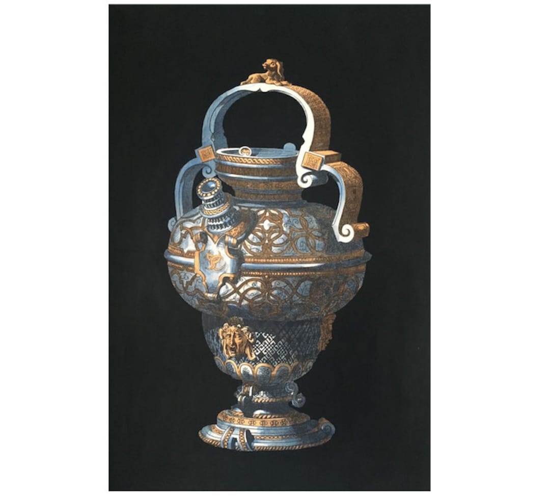 C. 1866 ANTIQUE BLUE VASE Lithograph • Rare & Unusual Original Antique ...