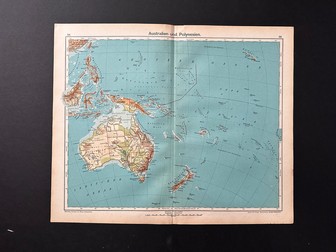 C. 1908 AUSTRALIA & POLYNESIA MAP • Original Antique Print • Map of the ...