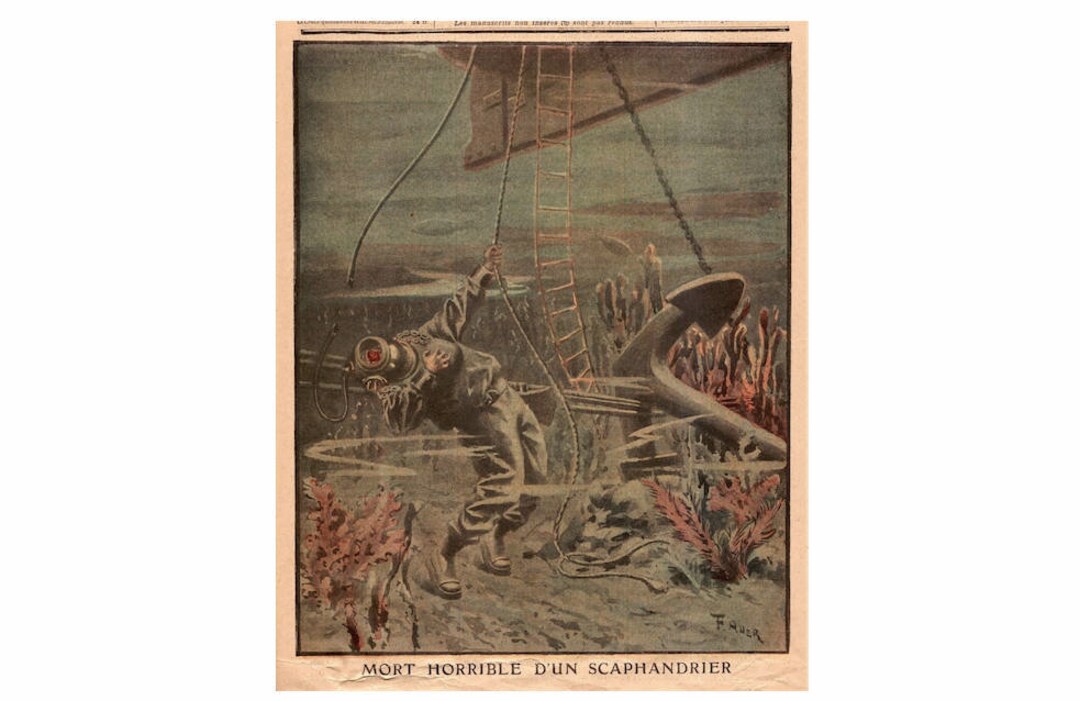 C. C. 1907 DEATH of a DIVER Lithograph - Original Antique Print ...