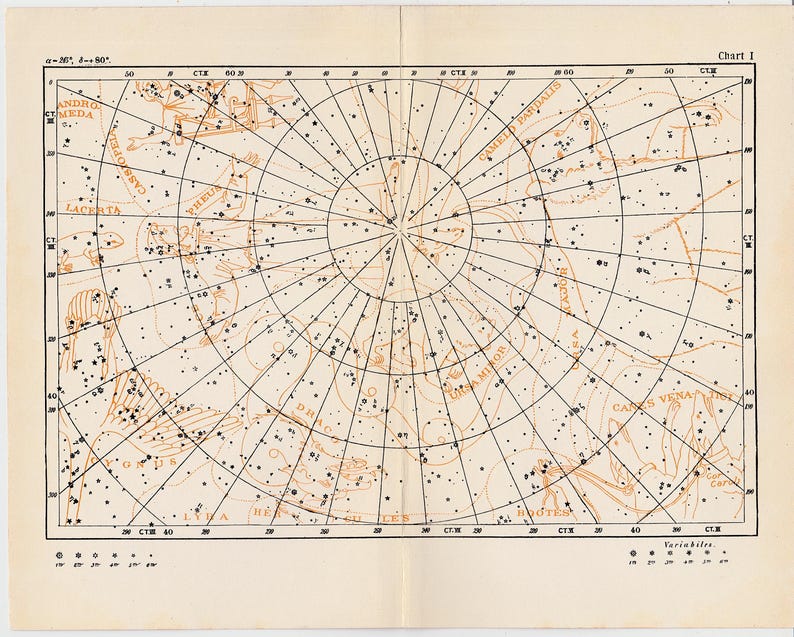 STAR CHART I C. 1908 • Original Antique Print • Celestial Constellation ...
