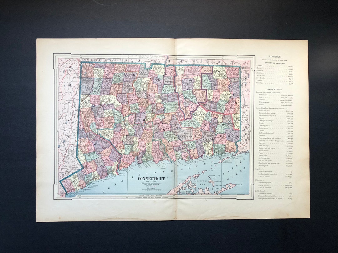1887 CONNECTICUT ANTIQUE MAP - Original Antique Print - Map of United ...