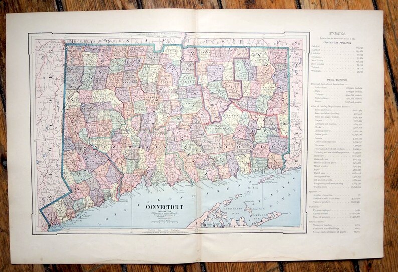 1887 CONNECTICUT ANTIQUE MAP Original Antique Print Map of - Etsy