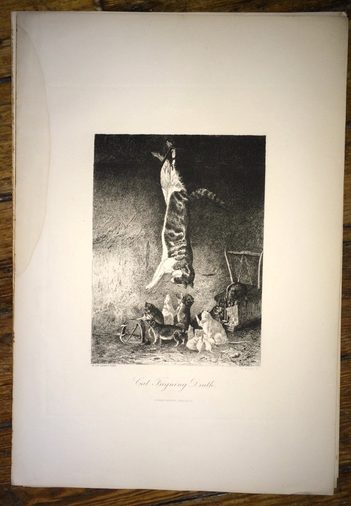CAT FEIGNING DEATH Print C. 1866 • Original Antique Lithograph ...