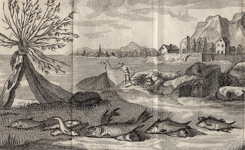RARE! C. 1700's FISHING SCENE Engraving - Original Antique Print ...
