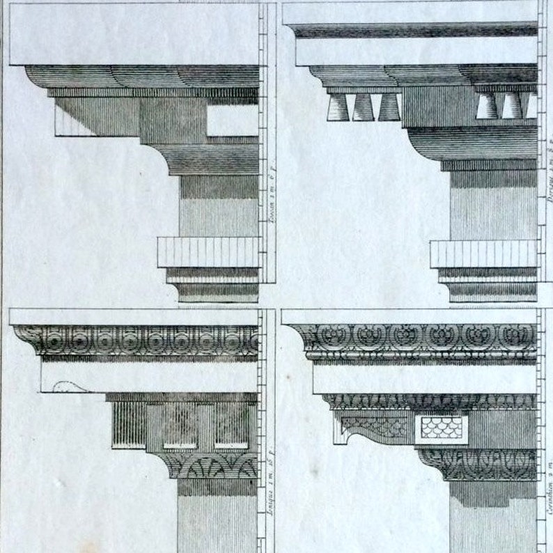 1757 ARCHITECTURE DETAILS corniche profiles original antique français ...