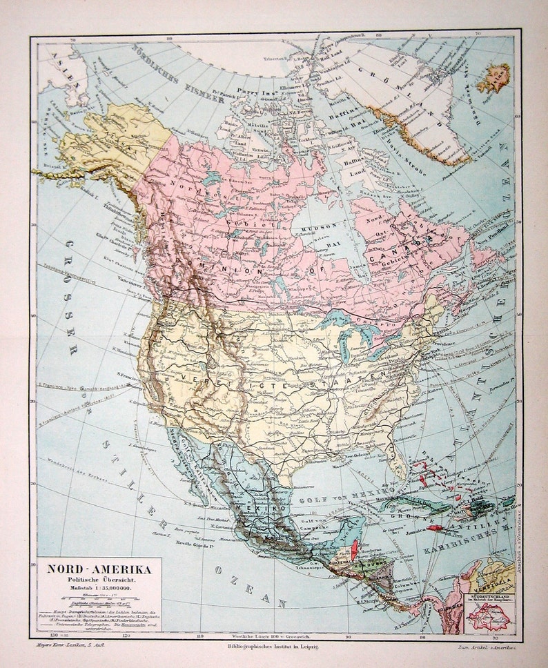 1889 ANTIQUE MAP USA of North America Original Antique Lithograph Print ...