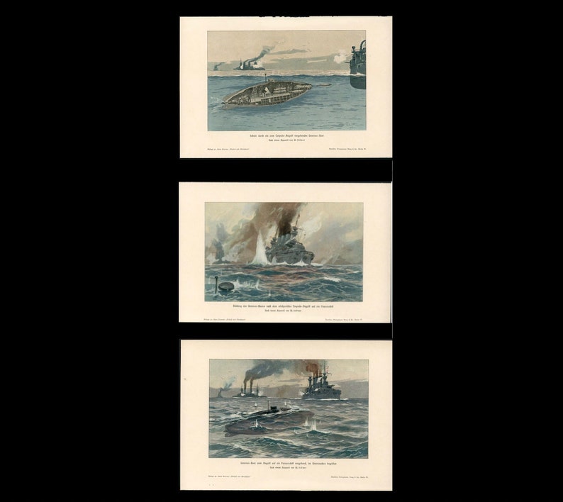 C. 1900 SUBMARINE Lithographs • Set of 3 Original Antique Prints • War ...