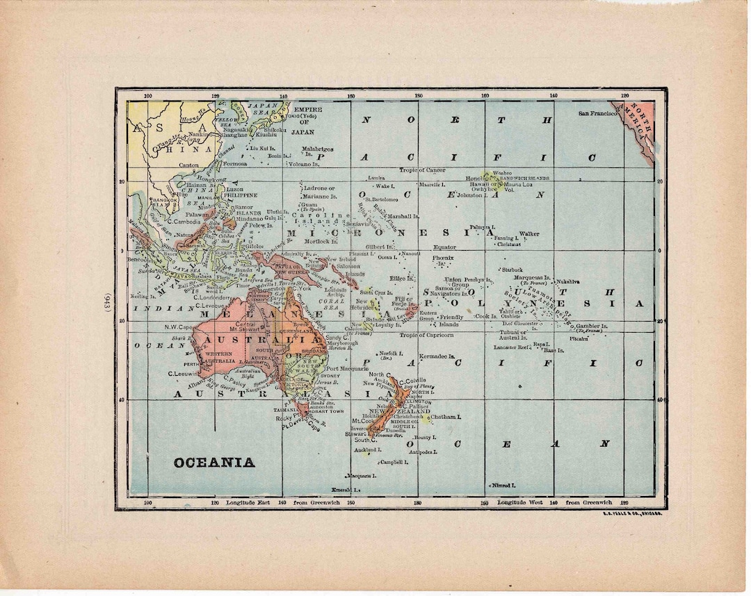 C. 1910 OCEANIA MAP - Original Antique Print - Maps of the World ...