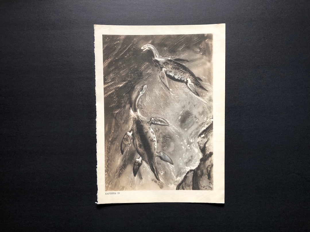 C. 1940 PREHISTORIC SCENE Lithograph - Original Vintage Print - Extinct ...