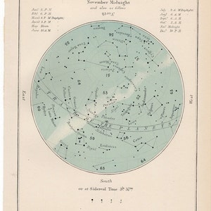 C. 1910 NOVEMBER STAR CHART Lithograph - Original Antique Print ...
