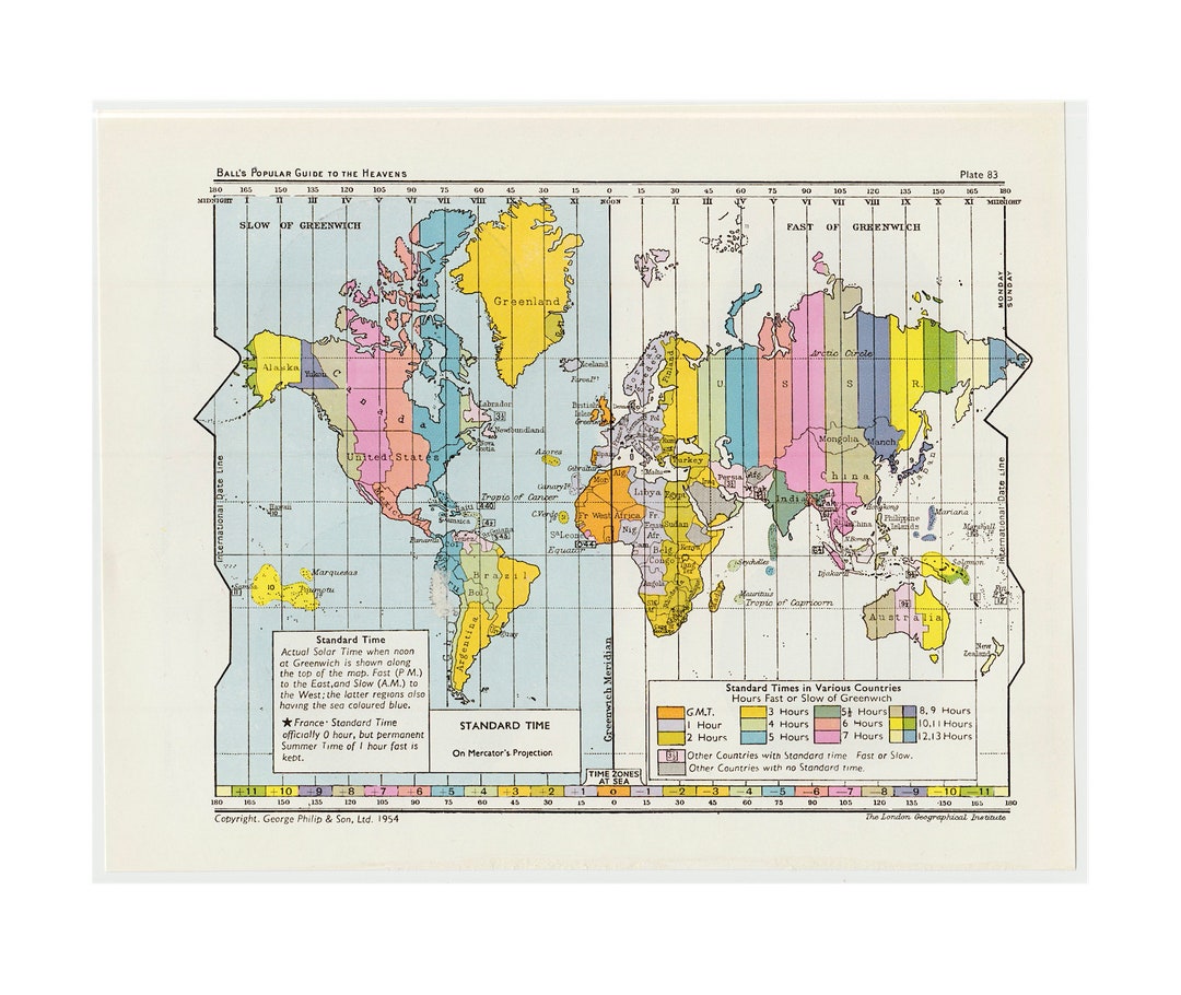 C. 1955 STANDARD TIME MAP • Original Vintage Print • World Map ...