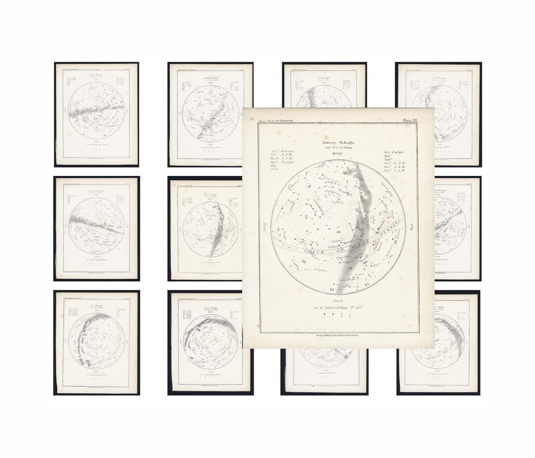 C. 1892 MONTH STAR MAPS - Set of 12 Original Antique Prints • Astronomy ...