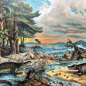 C. 1878 LARGE PREHISTORIC LANDSCAPE • Original Antique Print • Dinosaur ...