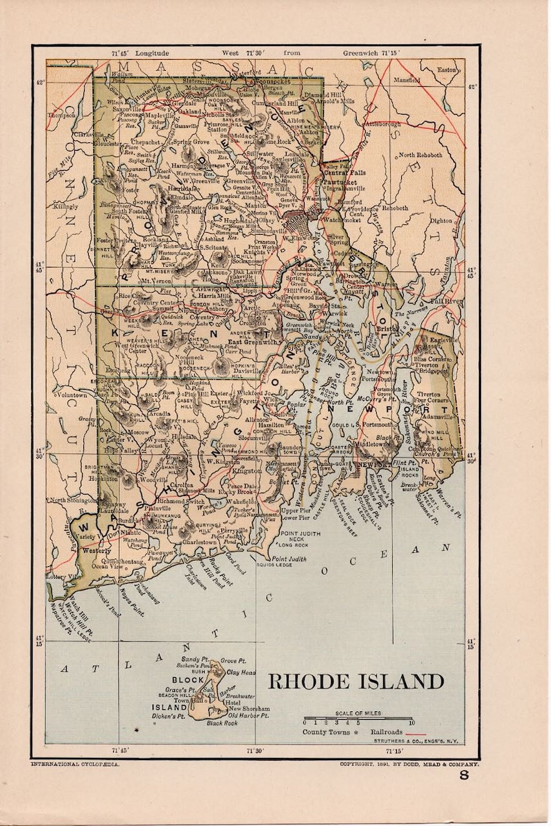 C. 1893 RHODE ISLAND MAP antique lithograph maps of the | Etsy