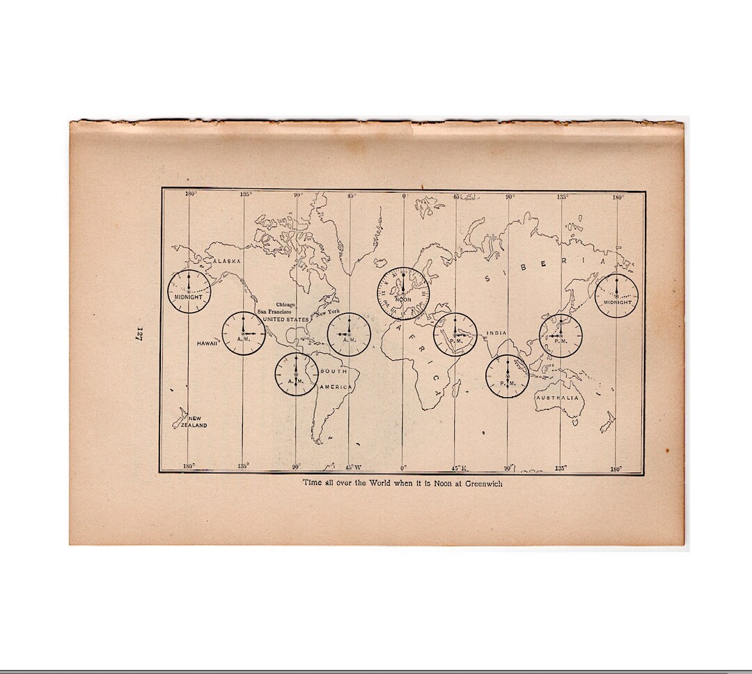 C. 1897 WORLD TIME MAP Lithograph • Original Antique Print • Time Print ...