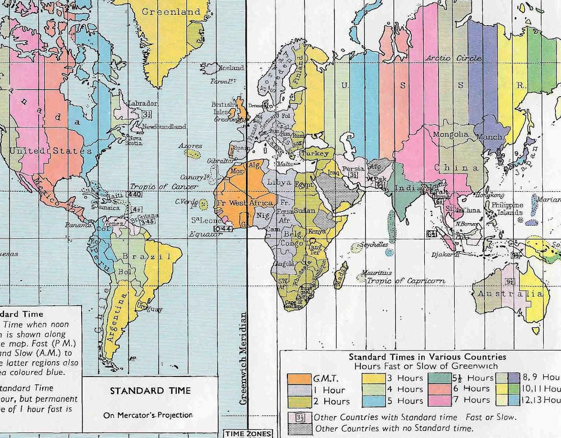 C. 1955 STANDARD TIME MAP World Map Lithograph Original | Etsy