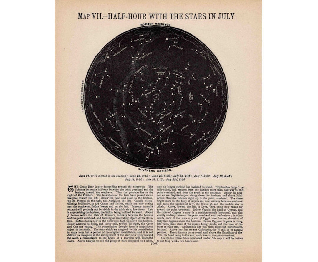 C. 1910 JUNE JULY • Constellations Star Map • Original Antique Print ...