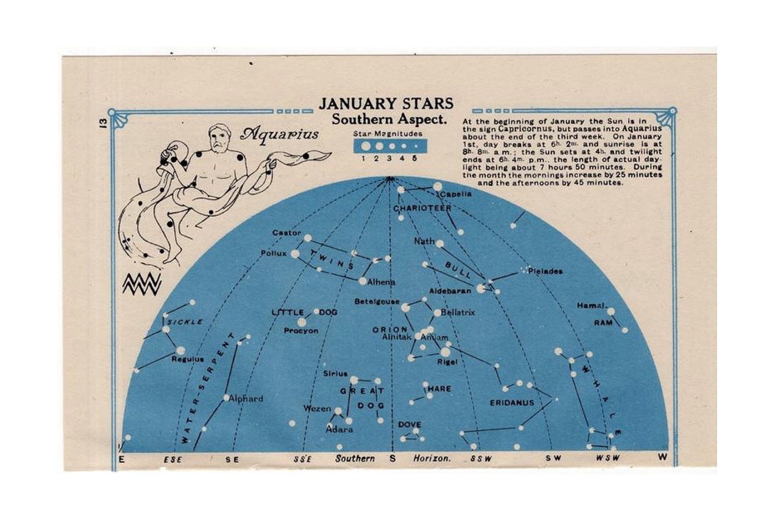 C. 1920 AQUARIUS Star Chart Lithograph • Original Vintage Print ...