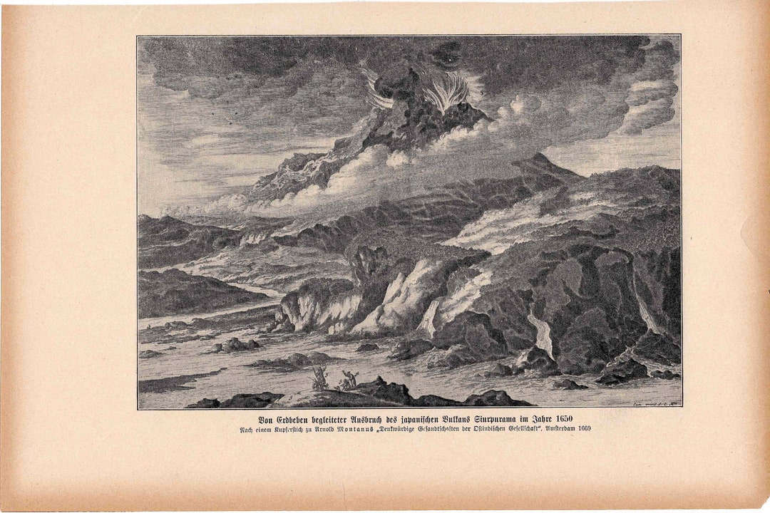 C. 1900 VOLCANO ERUPTING Lithograph - Volcano Scene in Japan - Original ...