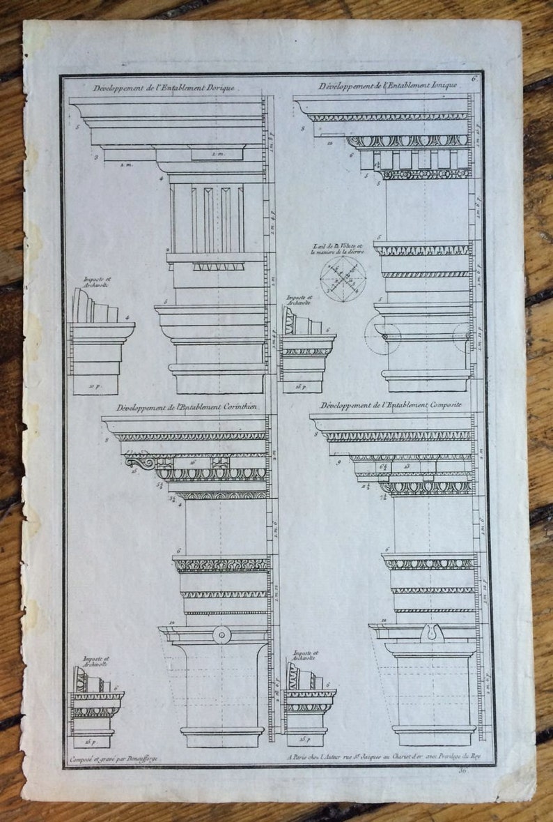 1757 ARCHITECTURE DETAILS Entablements Profiles Original Antique ...