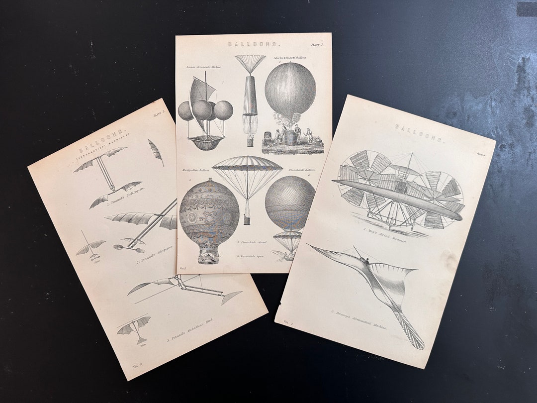 C. 1880 HOT AIR BALLOON Lithographs • Set of 3 Original Antique Prints ...