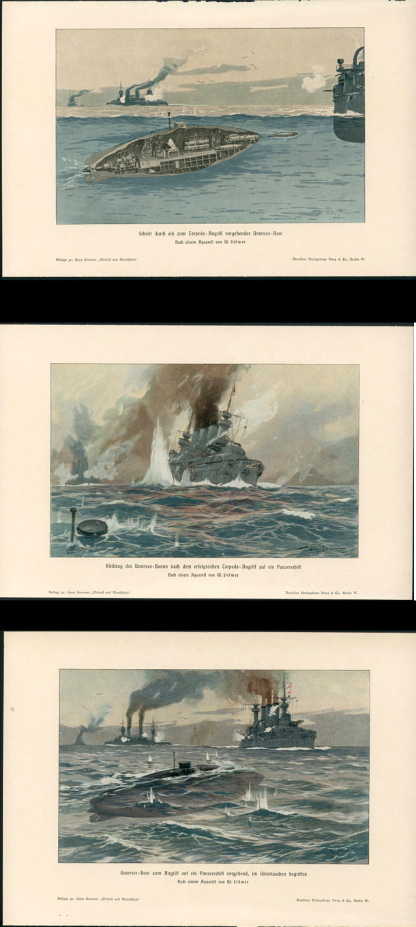 C. 1900 SUBMARINE Lithographs • Set of 3 Original Antique Prints • War ...
