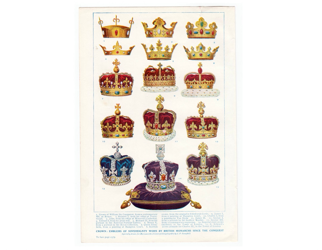C. 1920's CROWNS of BRITISH MONARCHS Lithograph • Original Antique ...