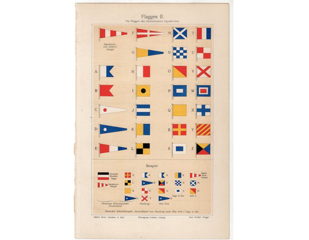 C. 1894 MARITIME FLAGS Lithograph • Original Antique Print • Signal ...