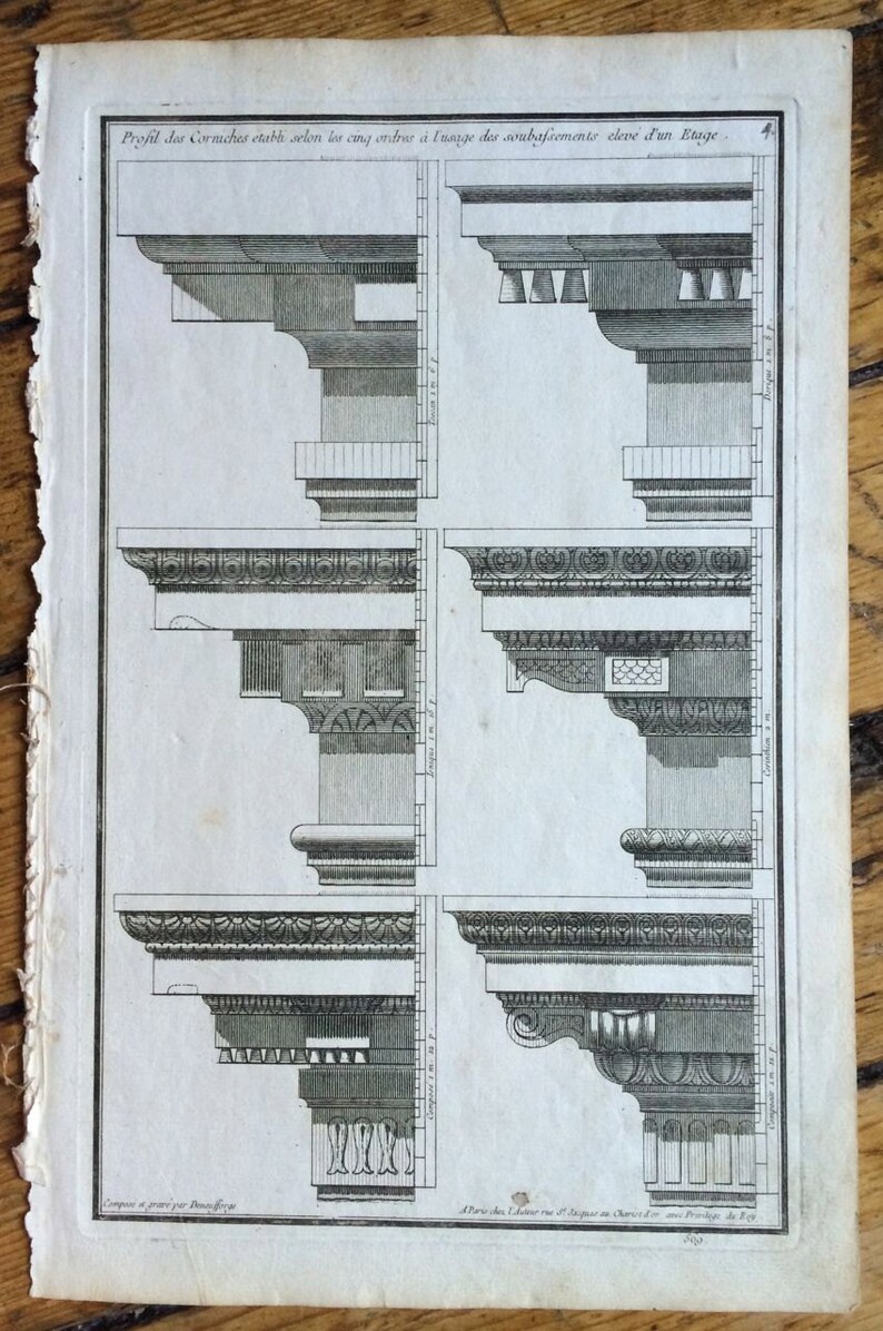 1757 ARCHITECTURE DETAILS corniche profiles original antique français ...