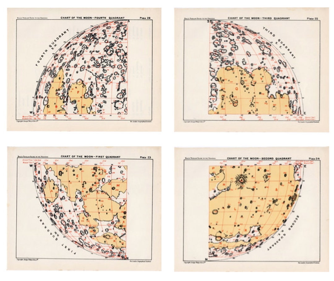 C. 1955 MOON CHART Lithographs • Set of 4 Original Vintage Prints • 4 ...