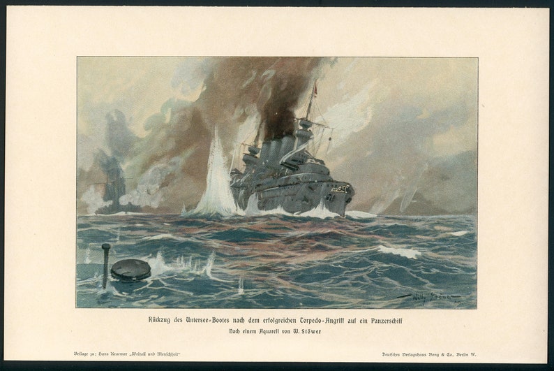 C. 1900 SUBMARINE Lithographs • Set of 3 Original Antique Prints • War ...