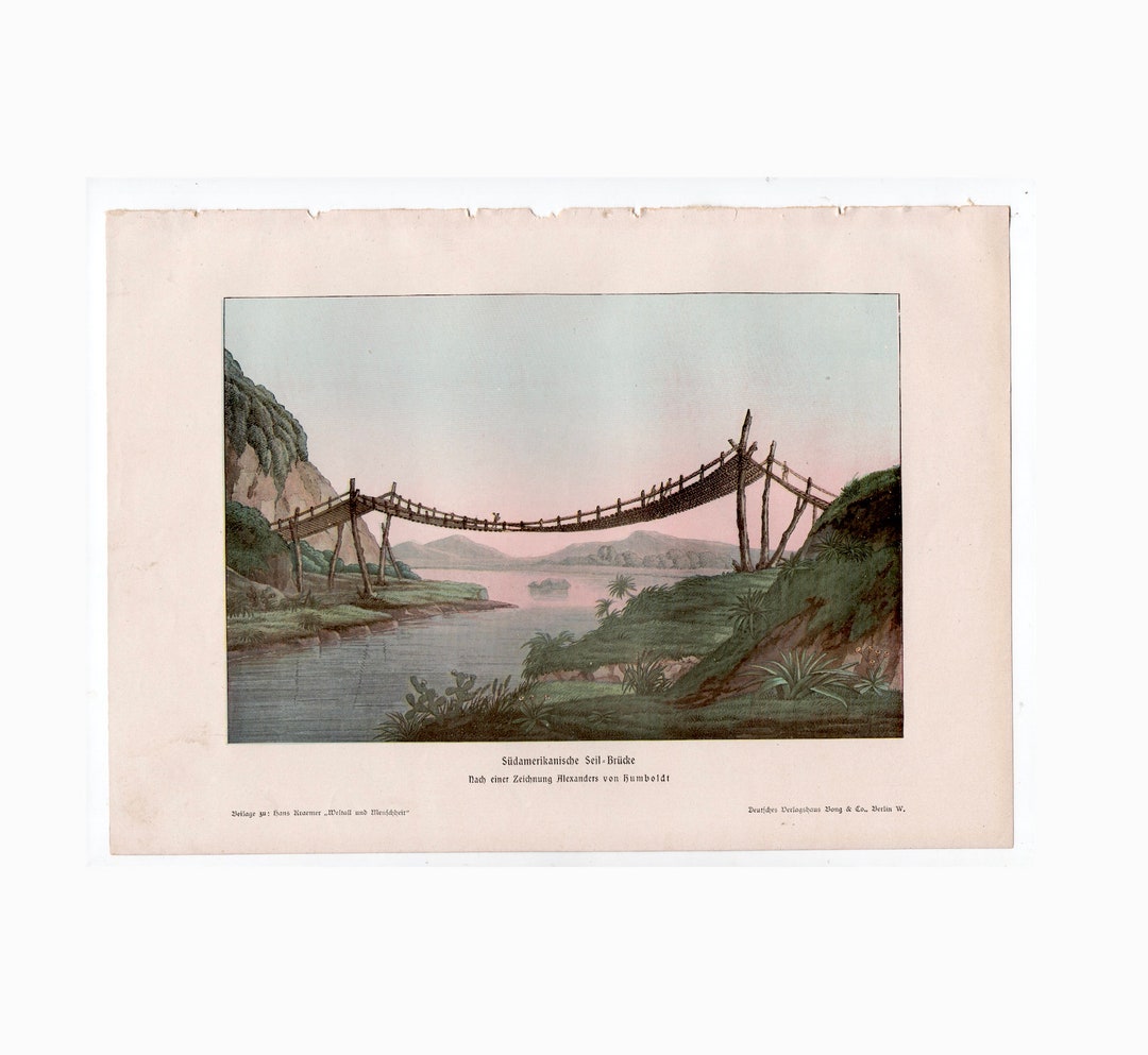 C. 1900 ROPE BRIDGE Lithograph • Original Antique Print • Landscape ...