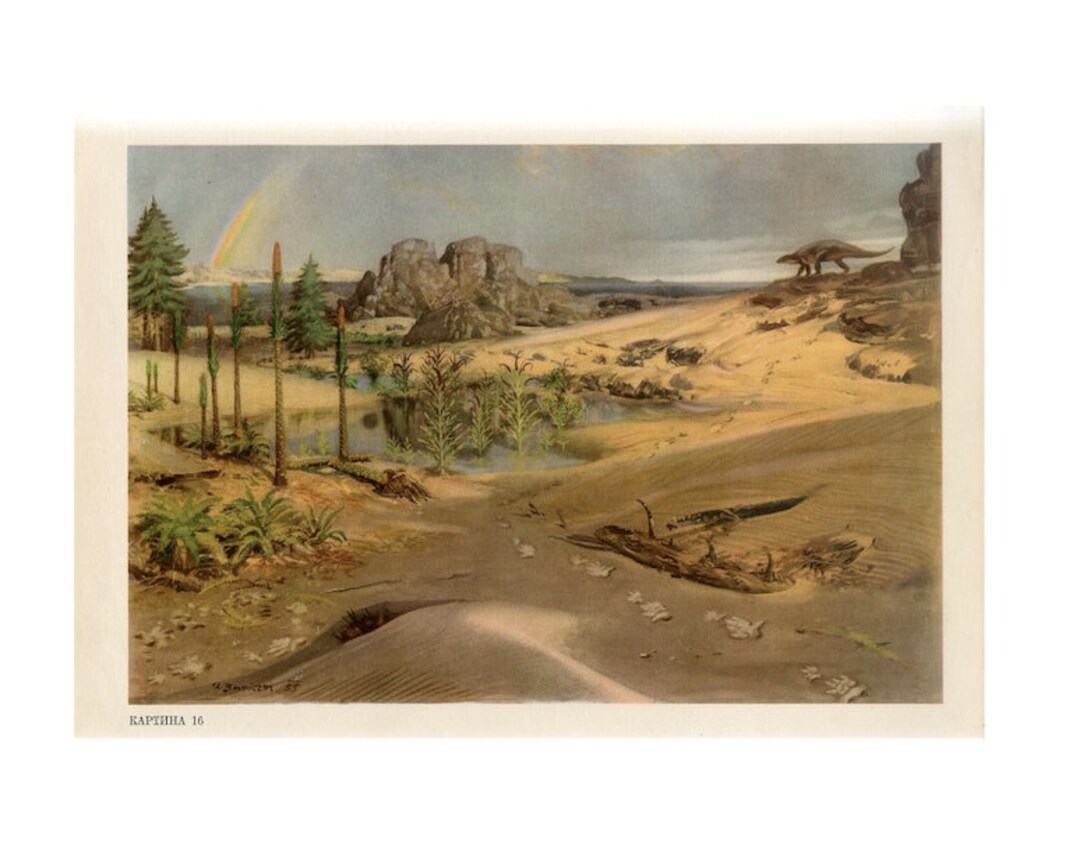 C. 1940 PREHISTORIC SCENE Lithograph - Original Vintage Print - Extinct ...