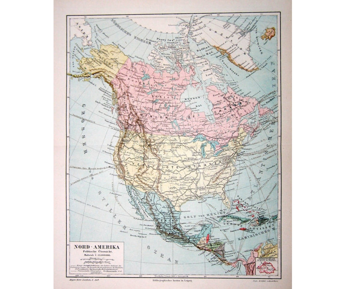 1889 ANTIQUE MAP USA of North America Original Antique Lithograph Print ...