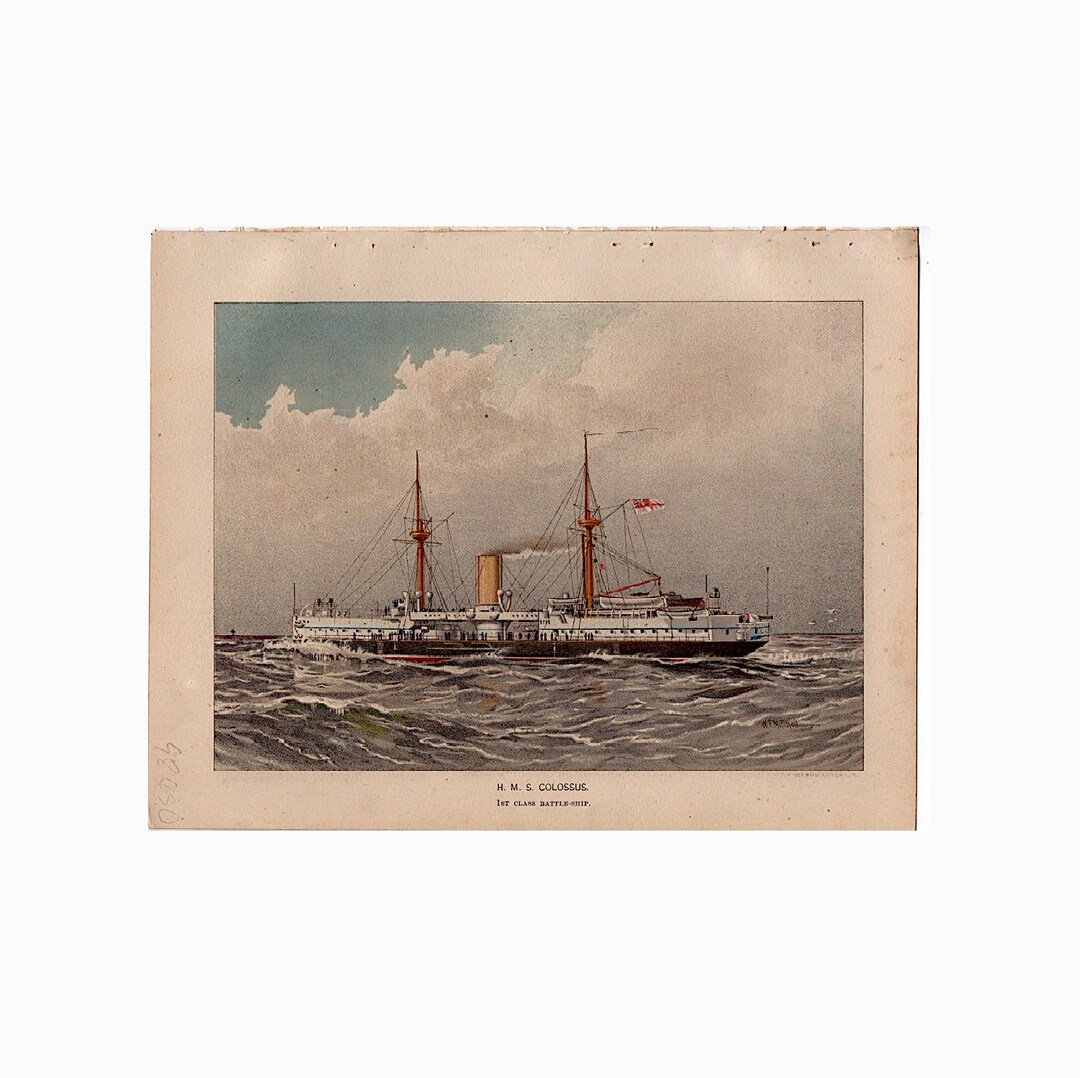 C. 1889 HMS COLOSSUS BATTLESHIP Lithograph Original Antique Print Her ...