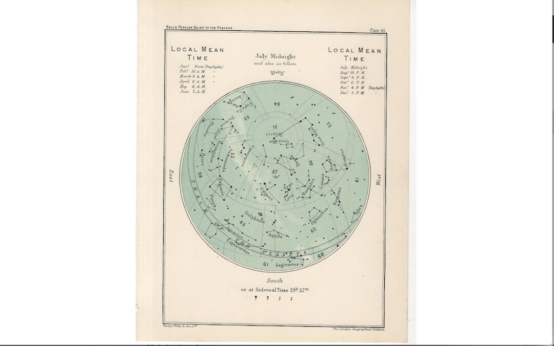 C. 1915 JULY or AUGUST STAR Map • Original Antique Astronomy Print ...