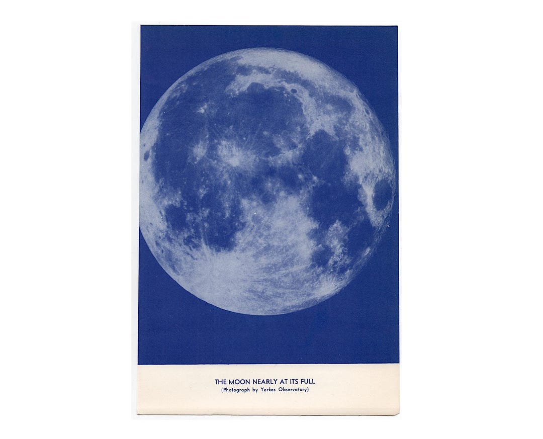 THE MOON Lithograph C. 1934 - Original Vintage Astronomy Print - Cobalt ...