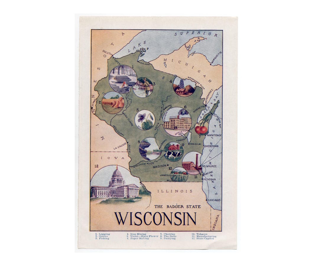 VINTAGE MAP WISCONSIN • Badger State • Map of United States of America ...