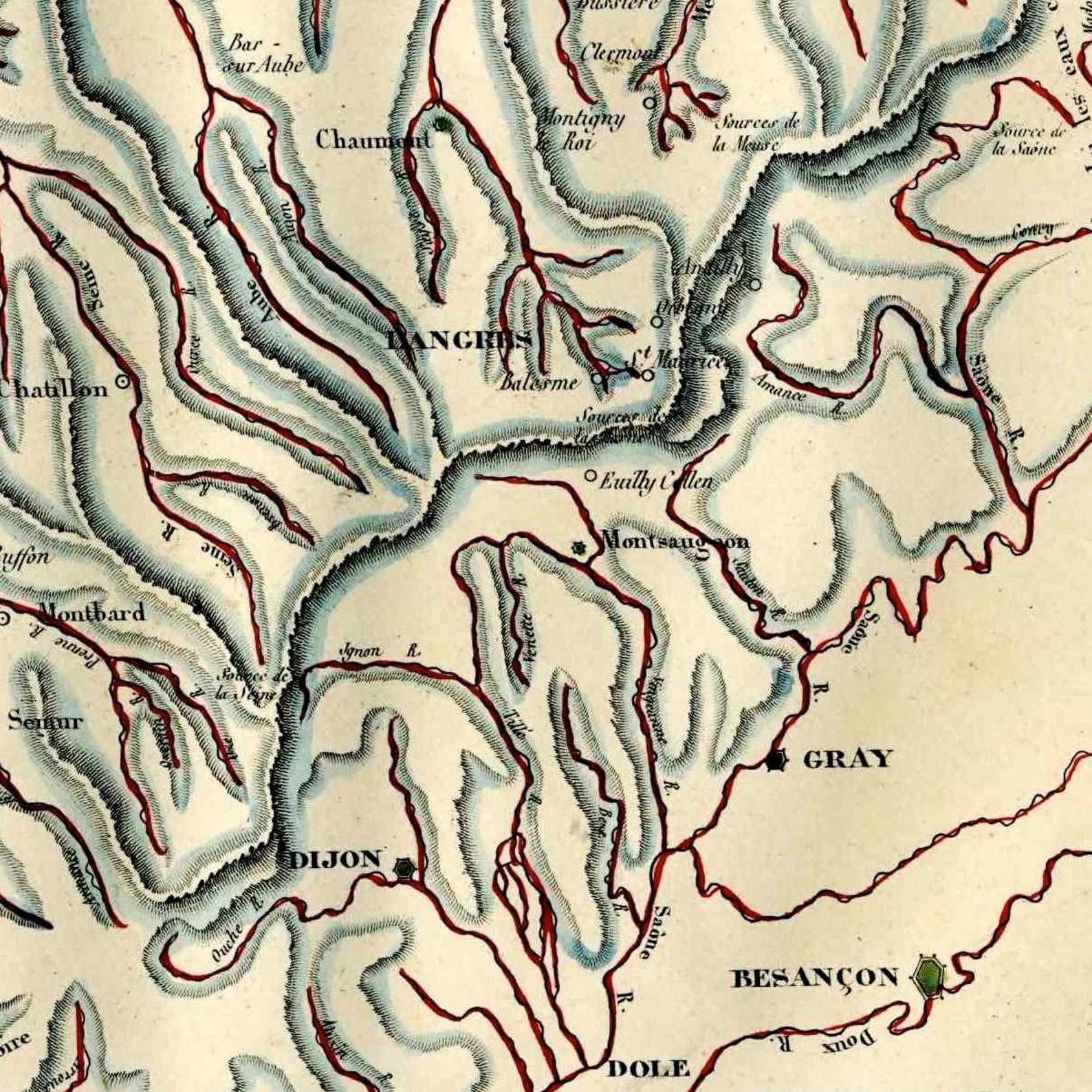 C. 1861 FRANCE Map • Mountains of Langres, France • Original Antique ...