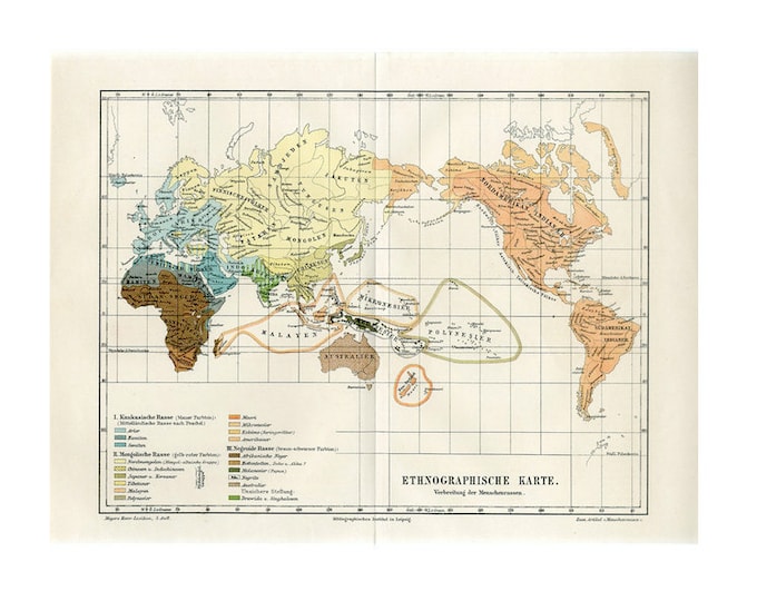 C. 1894 WORLD MAP • ETHNOGRAPHIC Map• Original Antique Print • Map of ...