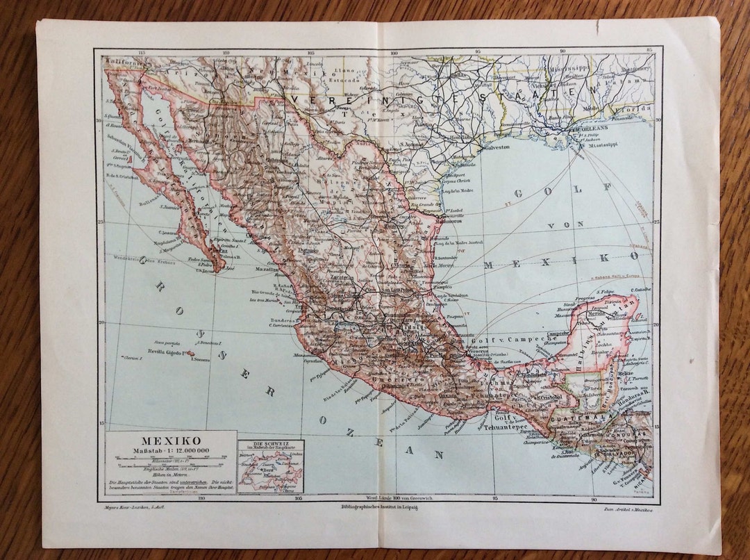1894 MEXICO Antique Map Original Antique Cartography Lithograph Print ...