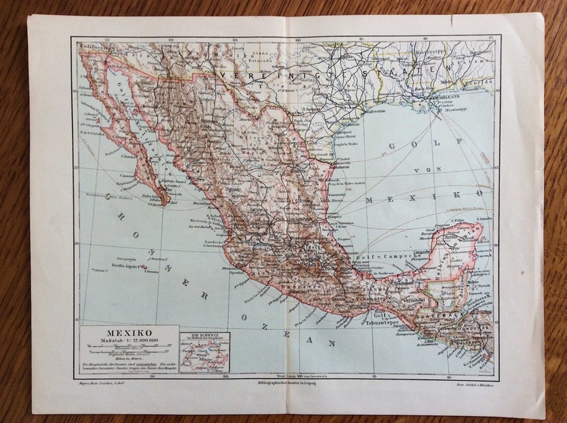1894 MEXICO Antique Map Original Antique Cartography Lithograph Print ...