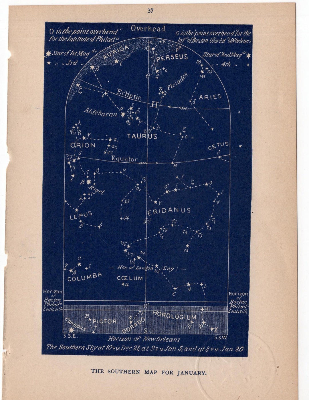 C. 1891 JANUARY STARS Celestial Lithograph • Original Antique Print ...