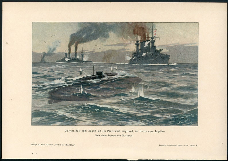 C. 1900 SUBMARINE Lithographs • Set of 3 Original Antique Prints • War ...