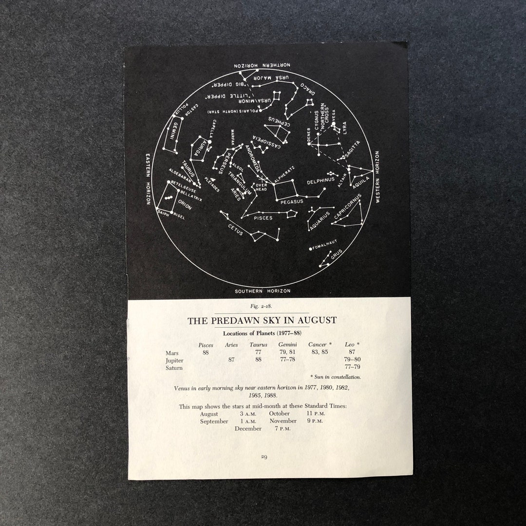 C.1977 AUGUST STAR MAP - Celestial Zodiac Constellation Print - Vintage ...