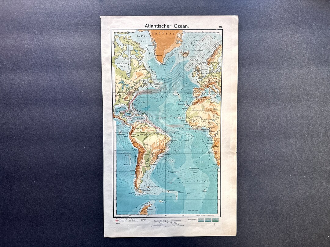 C. 1908 ATLANTIC OCEAN • Antique Map • Original Antique Print • Map of ...